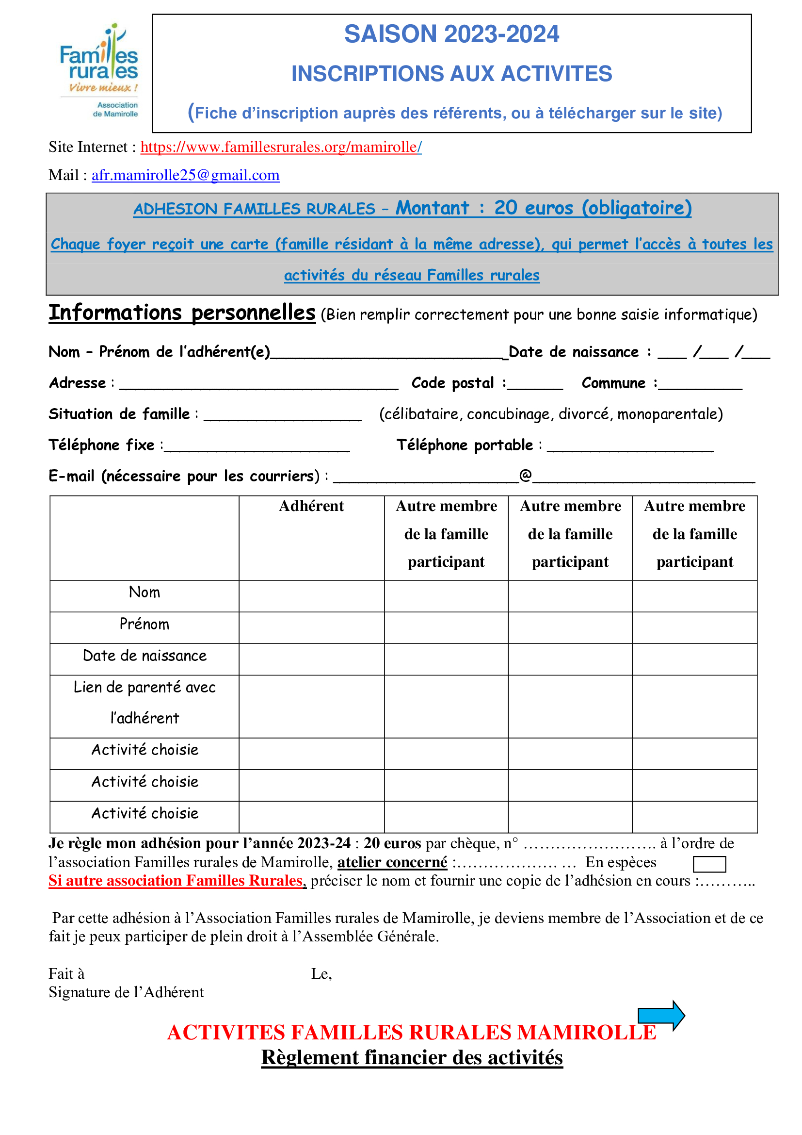 BULLETIN D'INSCRIPTION | FAMILLES RURALES MAMIROLLE