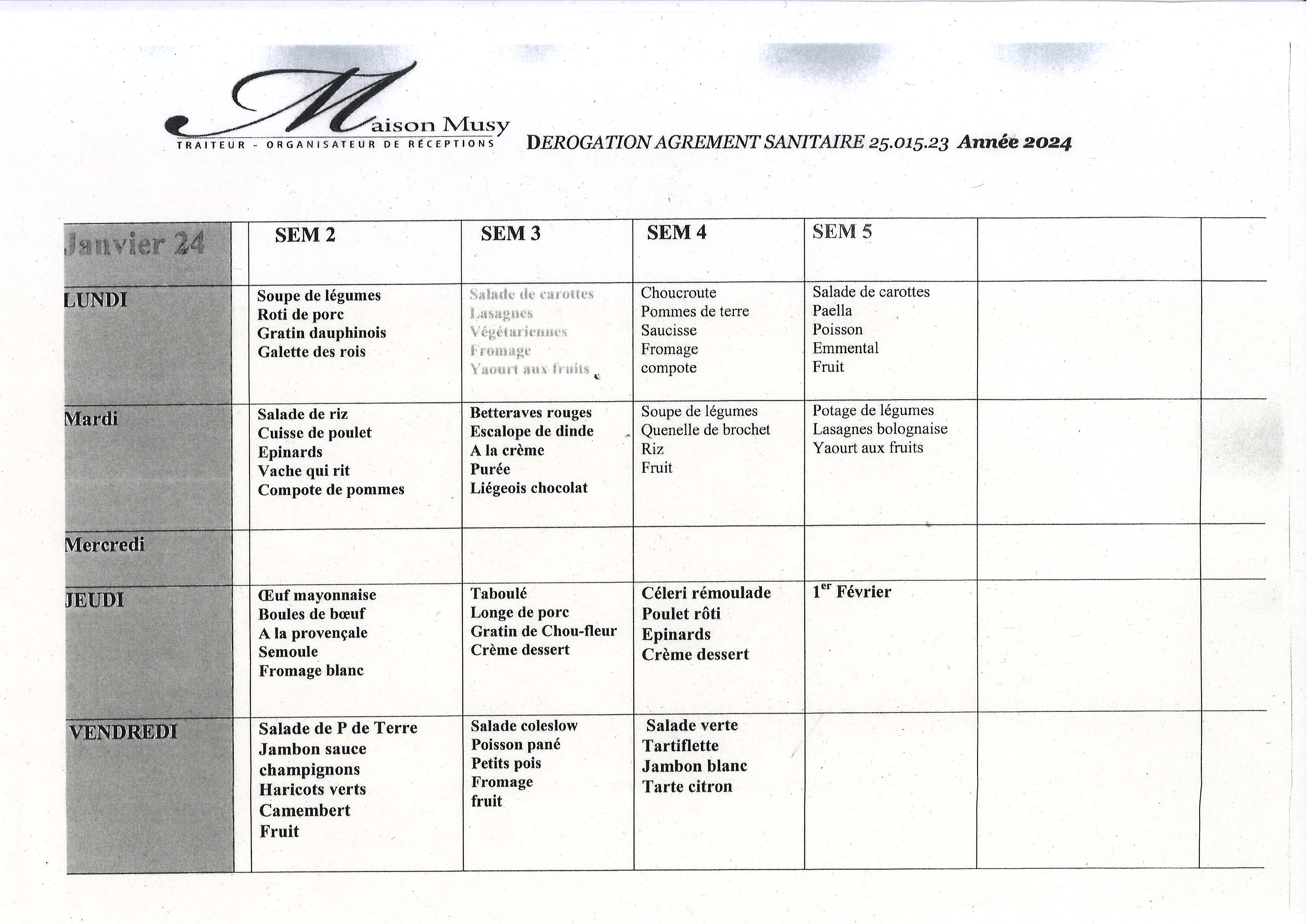 Menus du Mois de Janvier 2024